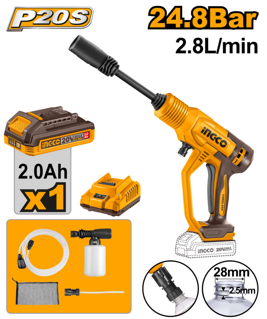 HIDROLAVADORA A BATERÍA 20V P20S 24.8BAR C/BATERÍA, CARGADOR + ACCESORIOS INGCO CPWLI20362 HERRAMIEN